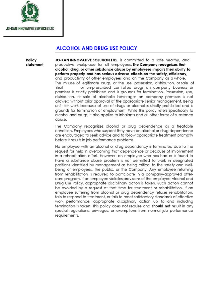 5.3.SAFETY, HEALTH & ENVIRONMENT-Alcohol and Drug Use Policy | PDF ...