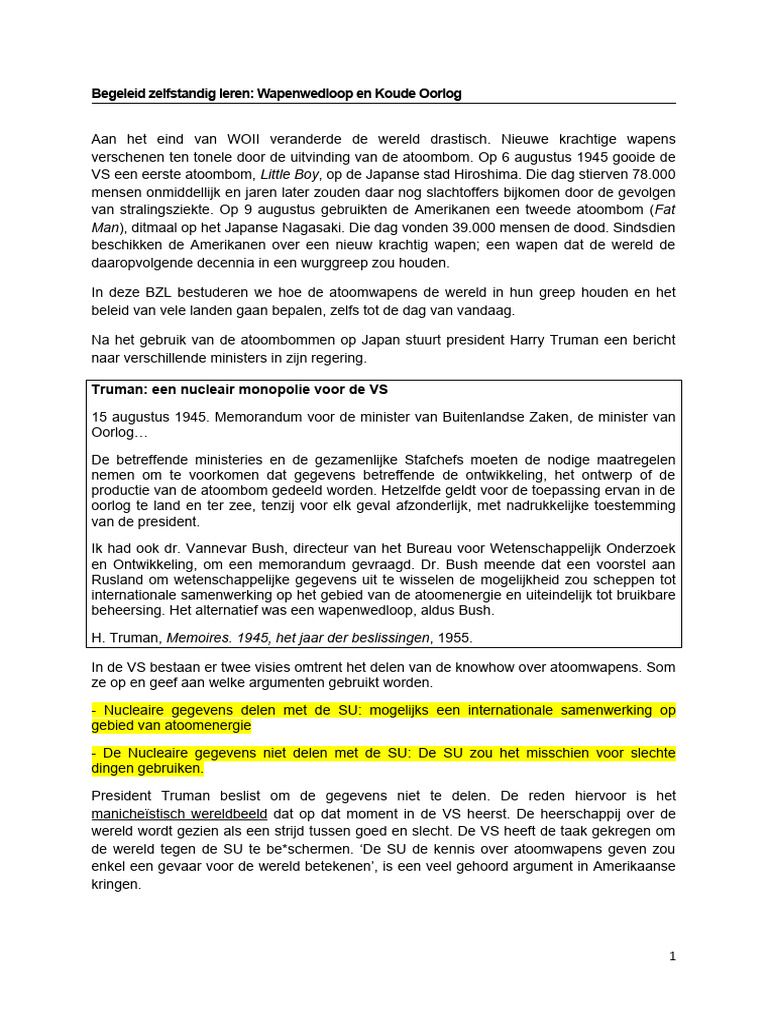 Begeleid Zelfstandig Leren Wapenwedloop en Koude Oorlog | PDF