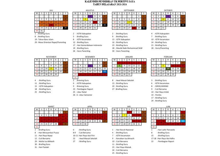 Kalender Pendidikan TK Pertiwi Jaya 2023-2024 | PDF