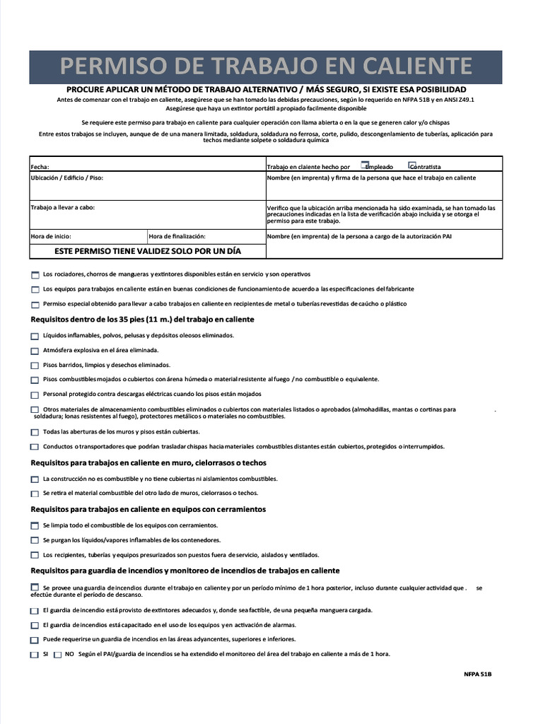 PDF Modelo Permiso Trabajo en Caliente Nfpa 51b - Compress | PDF