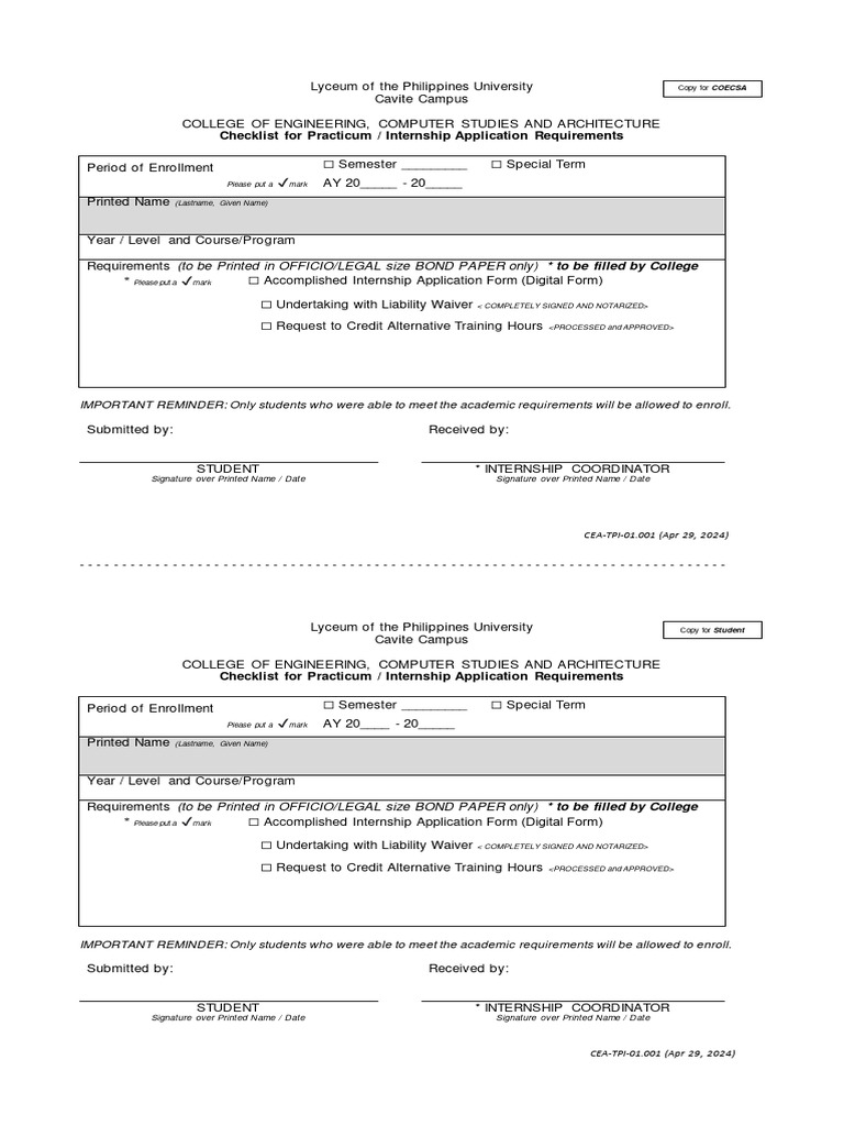 01.001 - Checklist For Internship Pre-Enrollment Requirements - 2023 ...