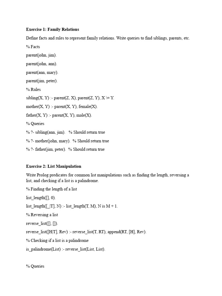 Prolog Family, List, and Math Exercises | PDF