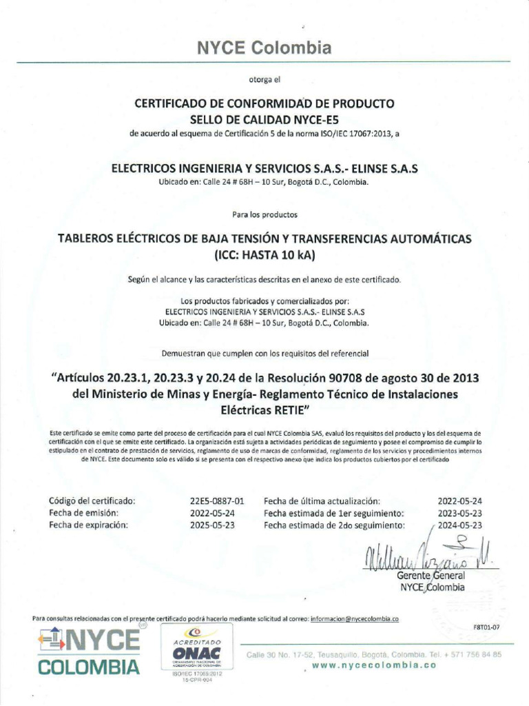 CERTIFICADO 22E5-0887 TABLERO TRANSFERENCIA BCI | PDF