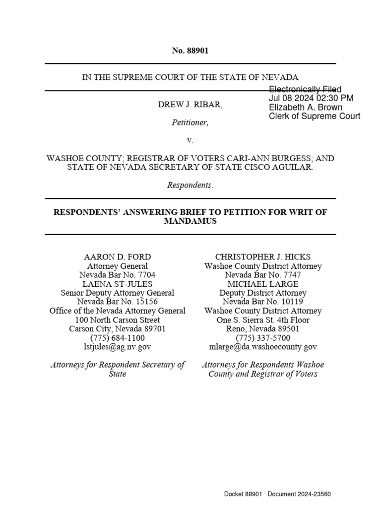 Drew Ribar Lawsuit NV SOS Response | PDF | Mandamus | Legal Procedure