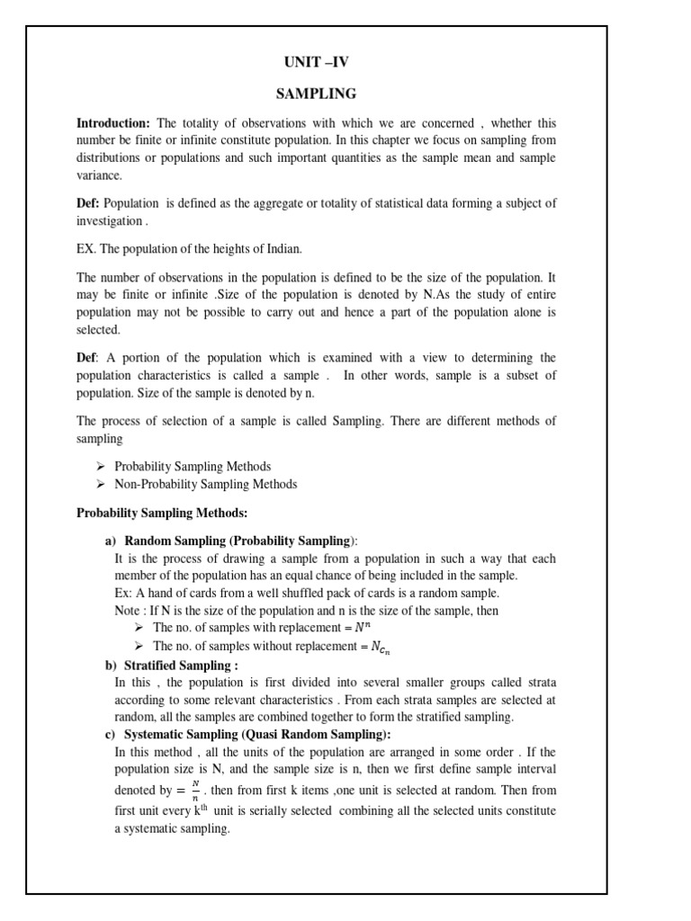 Unit - Iv Sampling | PDF | Sampling (Statistics) | Type I And Type Ii Errors