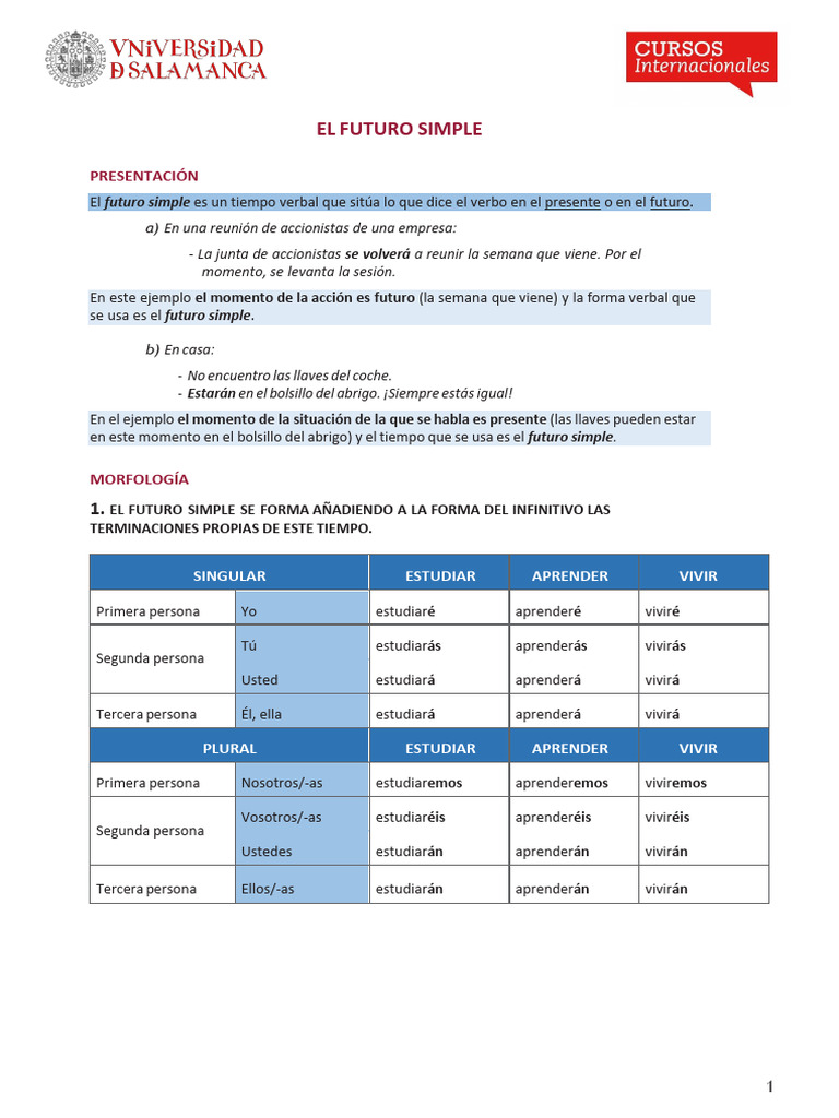 Guía Completa: Futuro y Condicional Simple | PDF | Verbo | Unidades ...