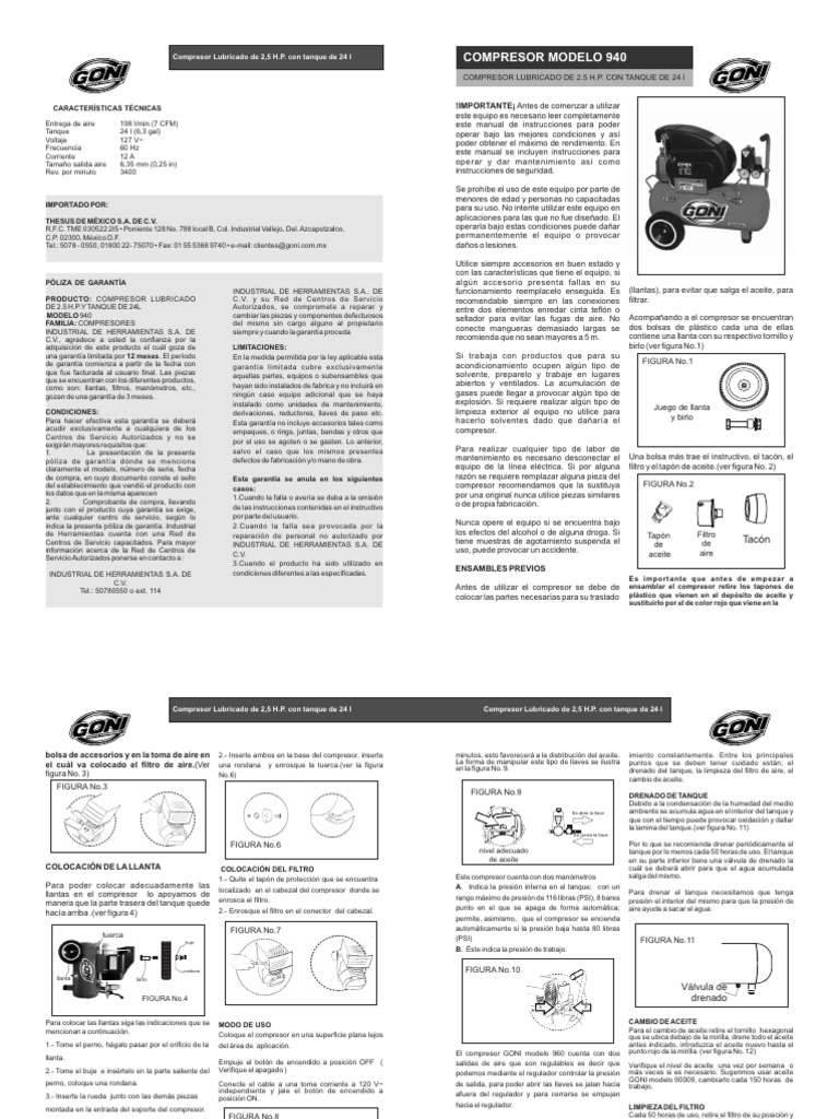 Manual Compresor GONI Modelo 940 | PDF | Tornillo | Presión