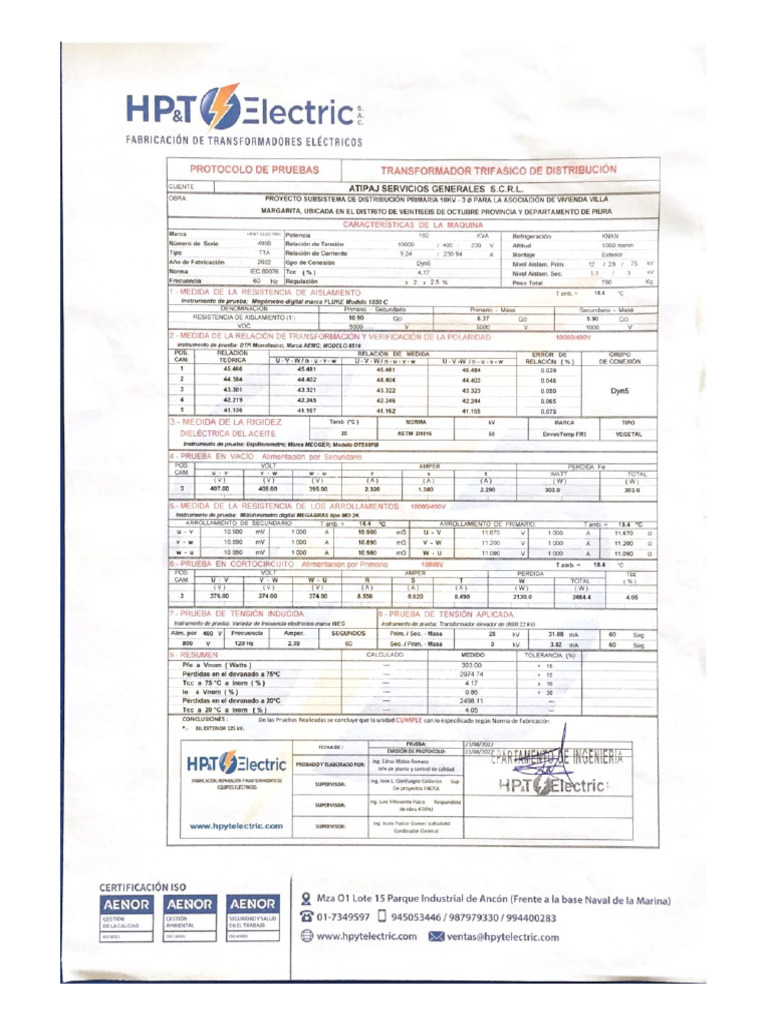 Protocolo de Pruebas de Transformador | PDF