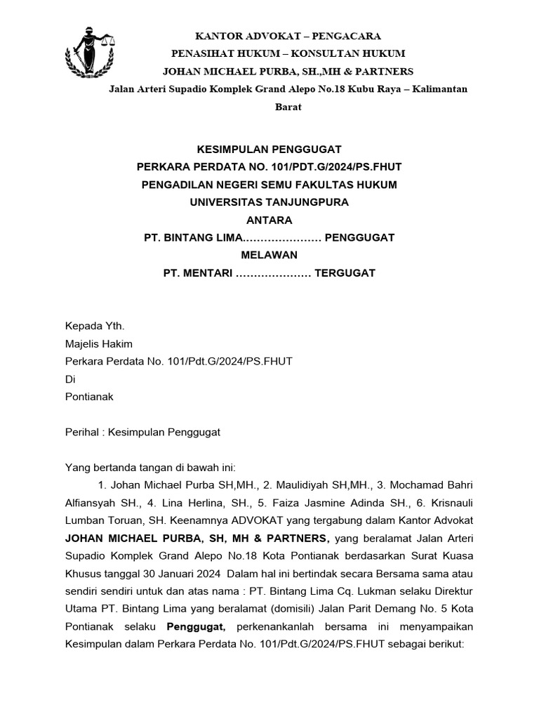 Contoh KESIMPULAN KUASA HUKUM PENGGUGAT | PDF