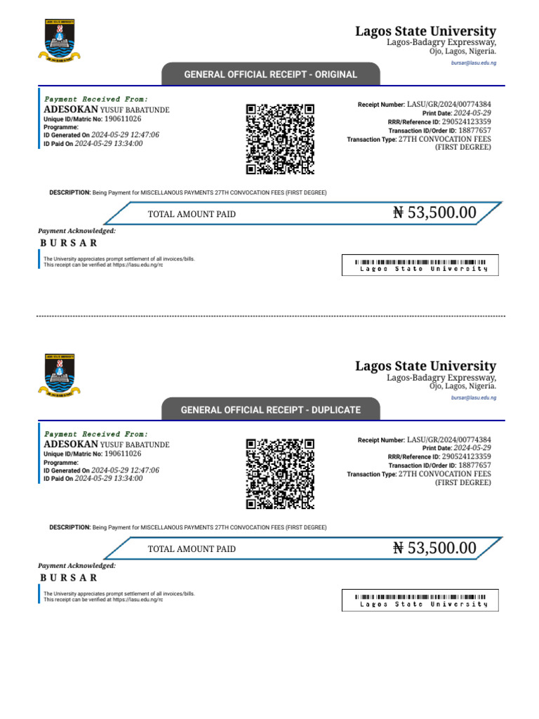 Convocation Receipt For ADESOKAN YUSUF - Payment For MISCELLANOUS PAYMENTS 27TH CONVOCATION FEES ...