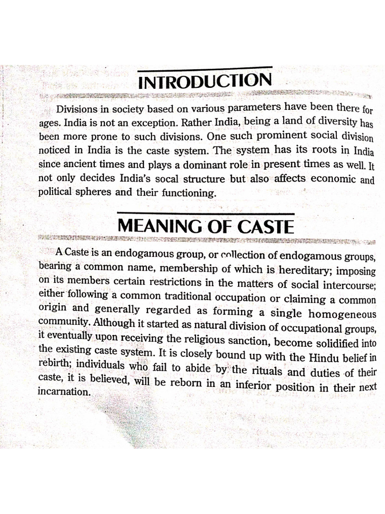 Caste Introduction,Meaning and Definitions | PDF
