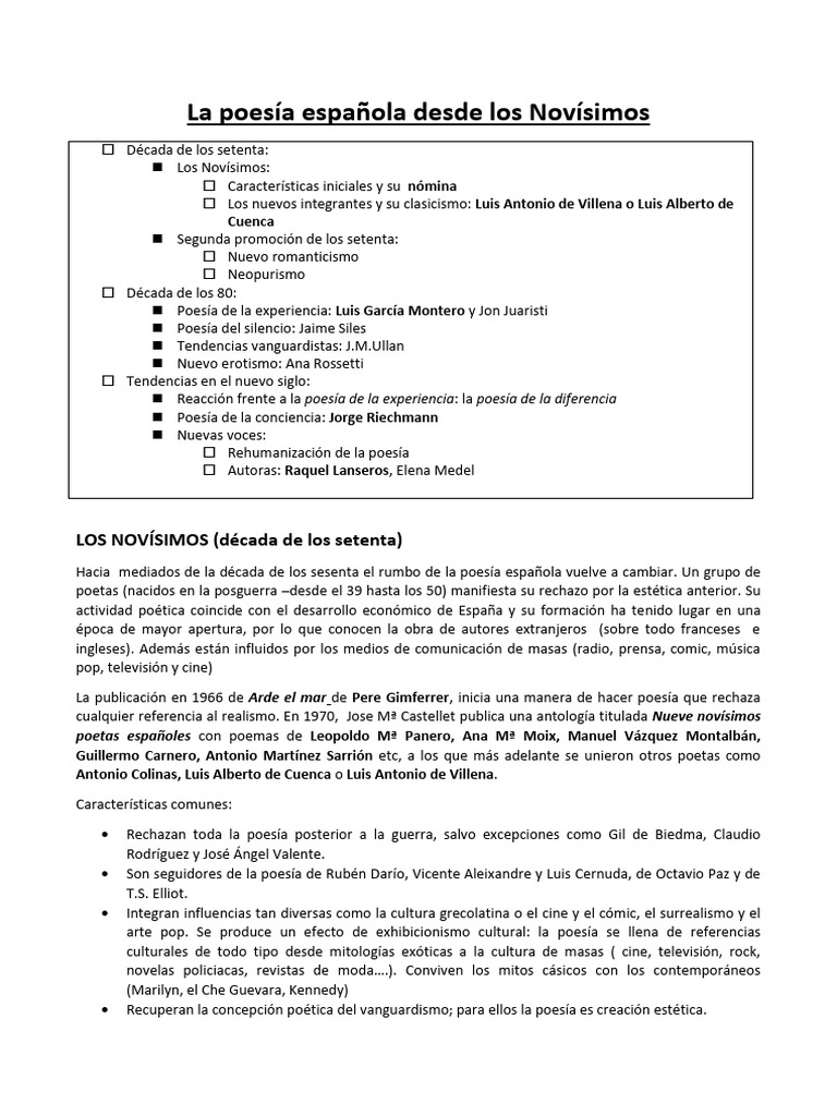 Tema 8 La Poesía Española Desde Los Novísimos | PDF | Poesía