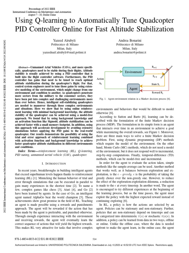 Using Q-learning to Automatically Tune Quadcopter PID Controller Online for Fast Altitude ...