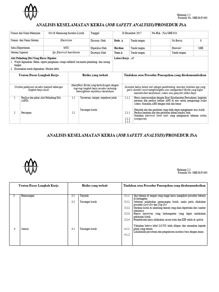 JSA Memasang Instalasi Listrik Bangunan | PDF JSA Memasang Instalasi Listrik Bangunan | PDF