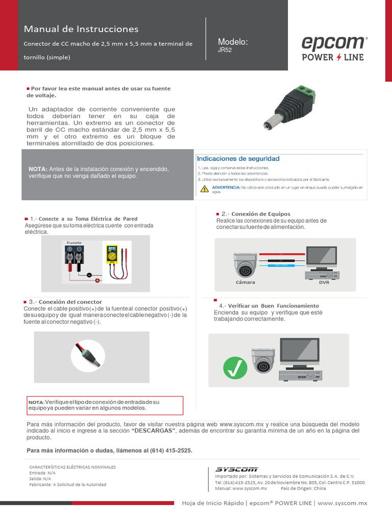 Manual de Instrucciones JR52 | PDF | Conector eléctrico | Corriente continua