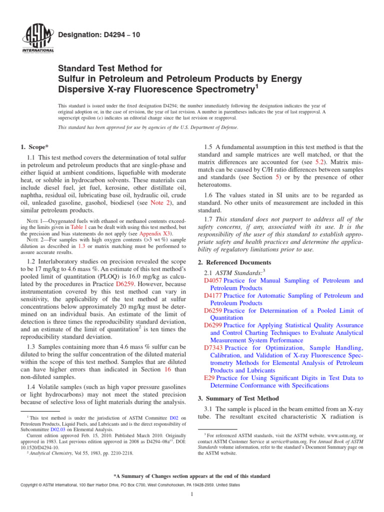 D4294-10 Standard Test Method For Sulfur in | PDF | Energy Dispersive X ...