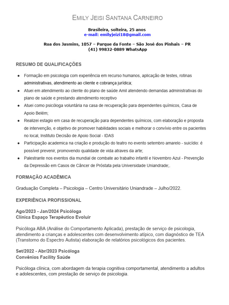 Currículo de Emily Jeisi Carneiro | PDF | Psicologia | Gestão de ...