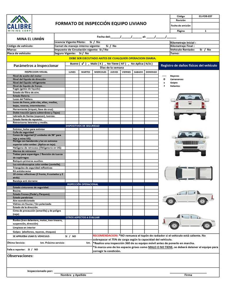 Formato de Inspecciòn Vehicular - Actual | PDF | Vehículo de motor | Vehículos terrestres