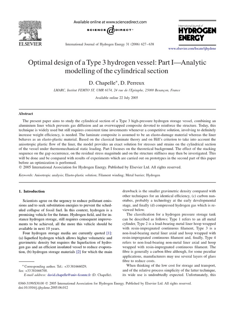 Optimal Design of A Type 3 Hydrogen Vessel Part I-Analytic Modelling of The Cylindrical Section ...