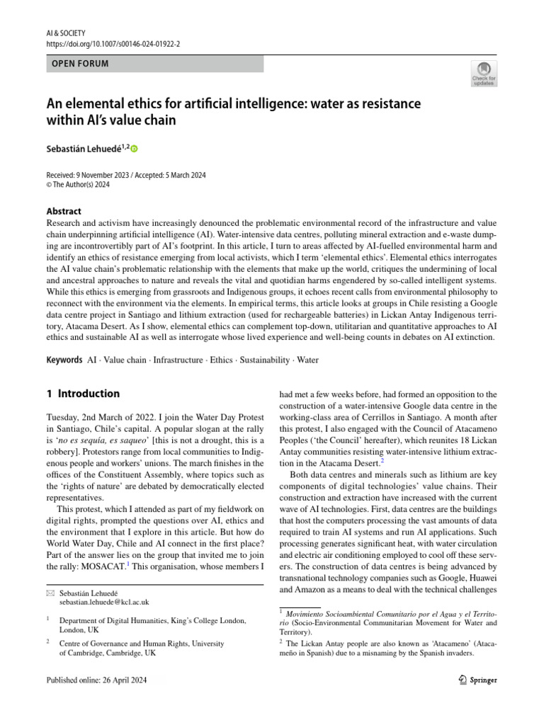 An Elemental Ethics For Artificial Intelligence Water As Resistance Within AIs Value ChainAI and ...