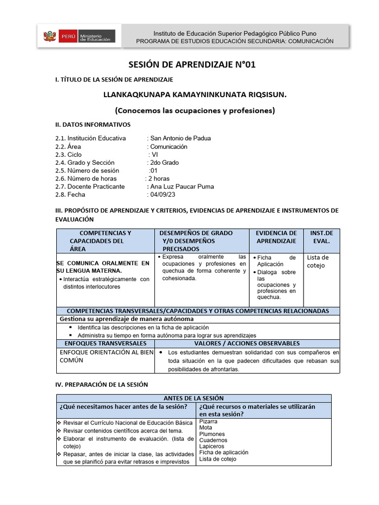 Sesion de aprendizaje Lengua Originaria N° 1- 2do grado San Antonio de Padua | PDF | Aprendizaje ...