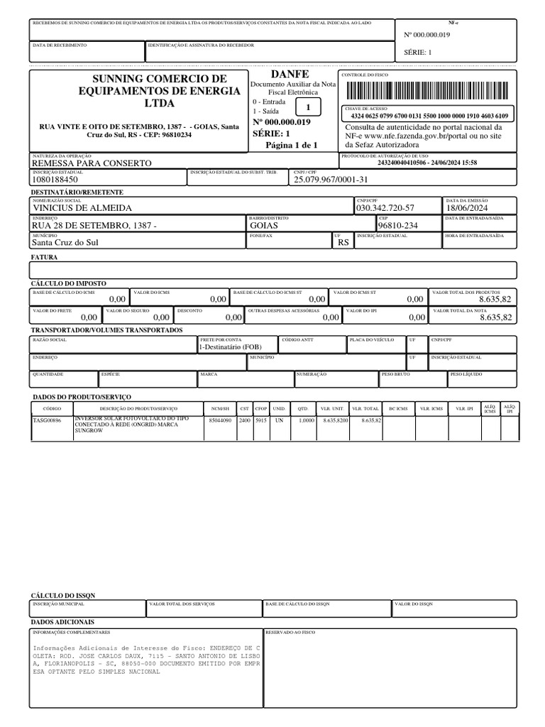 Nota Fiscal Eletrônica - Sunning Comércio | PDF | Recibo