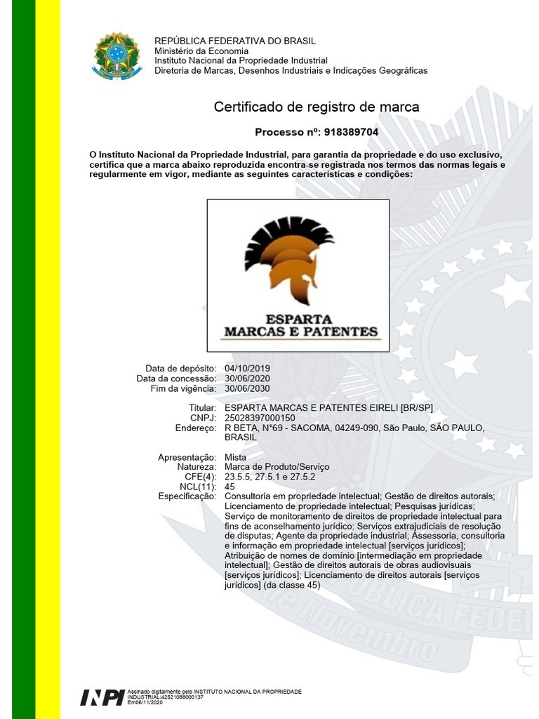 CERTIFICADO INPI | PDF | Propriedade intelectual | Direitos Autorais