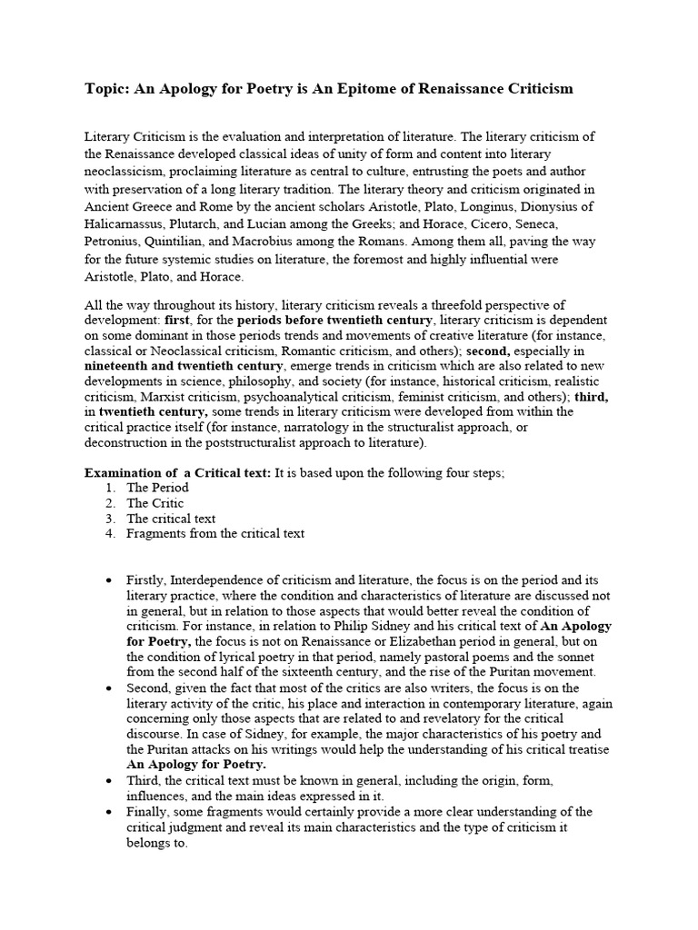 An Apology For Poetry Is An Epitome of Renaissance Criticism | PDF ...