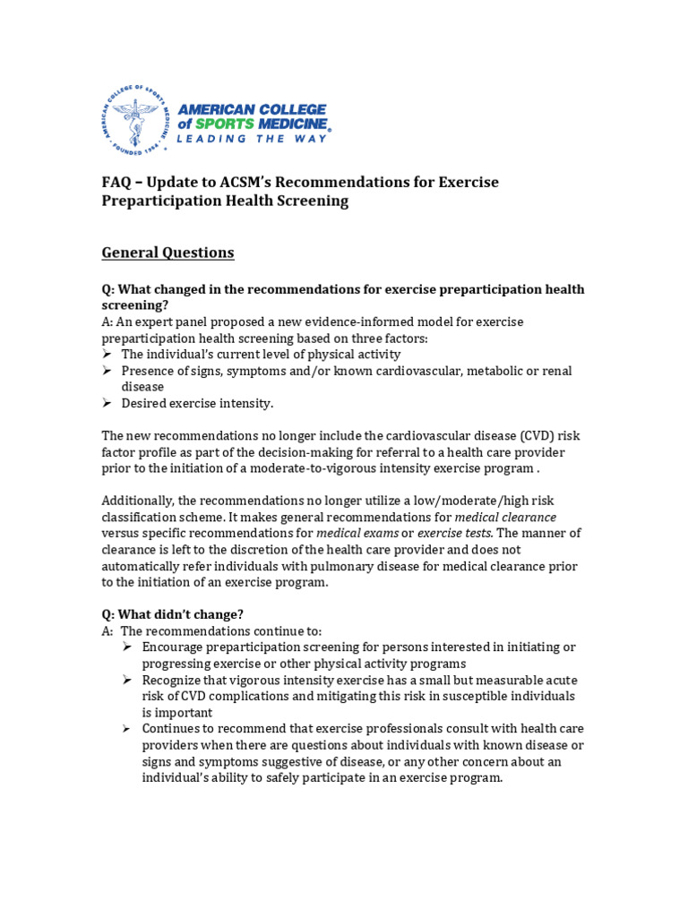FAQ - Update To ACSM's Recommendations For Exercise Preparticipation ...