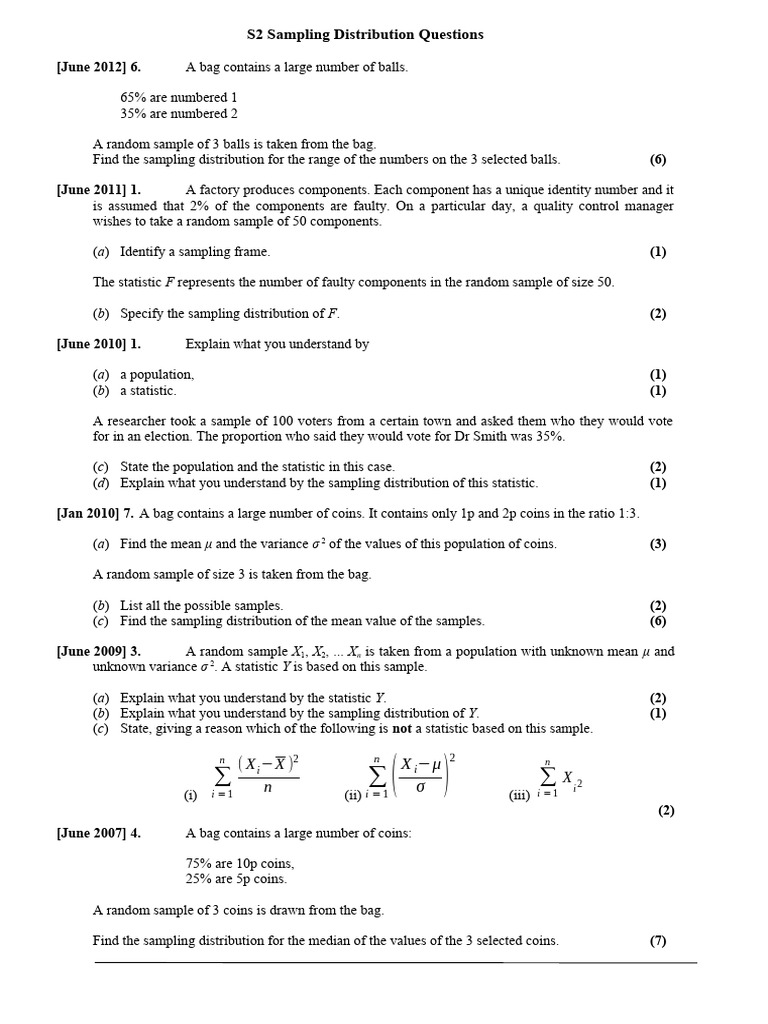 S2 SamplingDistribExamQuestions | PDF | Sampling (Statistics) | Variance