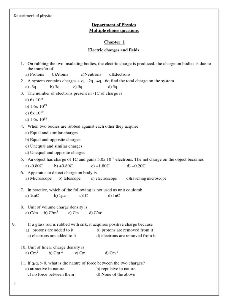 physics mcq | PDF | Electric Charge | Electron