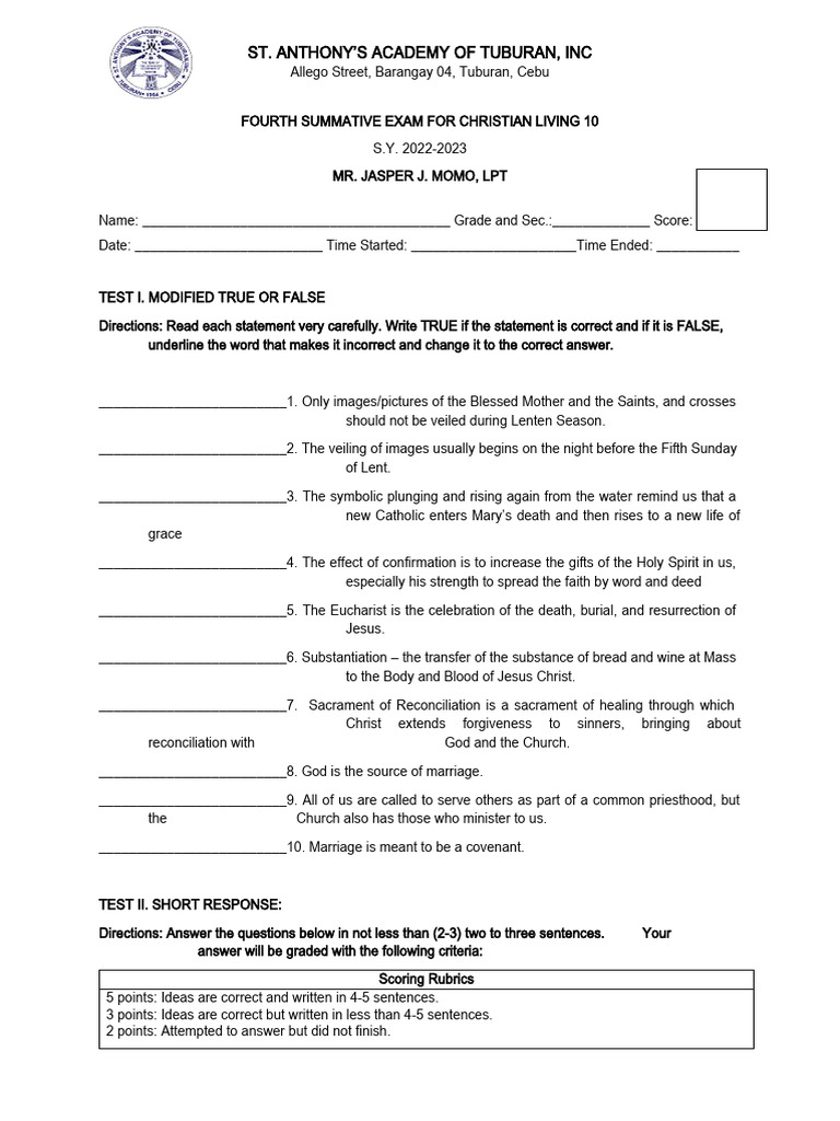 Fourth Summative Exam in CL | PDF | Eucharist | Sacraments