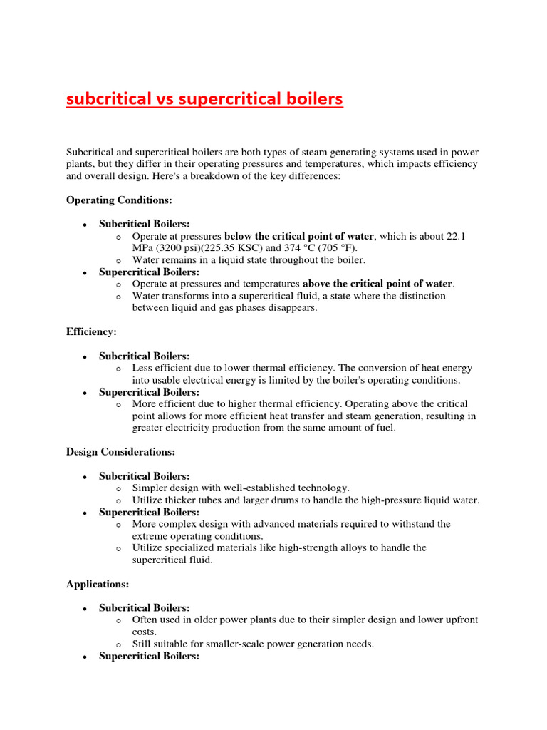 Subcritical Vs Supercritical Boilers | PDF | Boiler | Supercritical Fluid