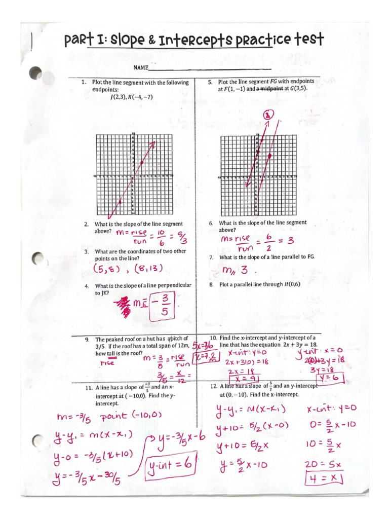 Part I Slope & Intercepts Practice Test | PDF