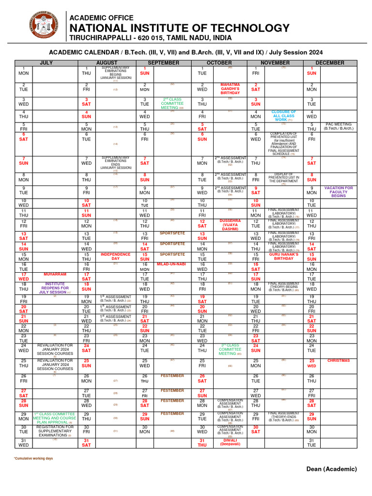 Academic Calendar - B.Tech. (III, V, VII) and B.Arch. (V, VII and IX ...