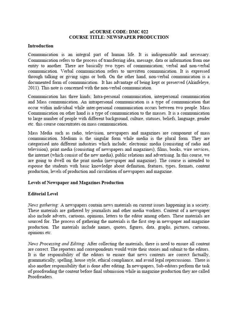 Newspaper and Magazine Production Note | PDF | Communication ...