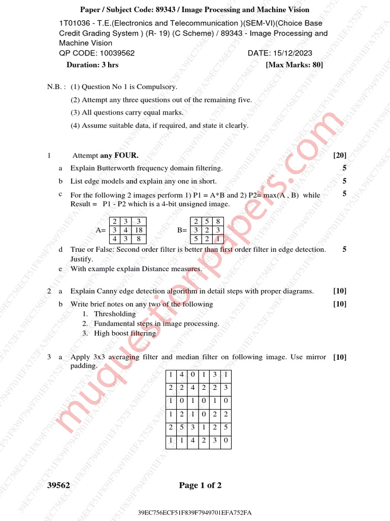 Be Electronics and Telecommunication Semester 6 2023 December Image Processing and Machine ...