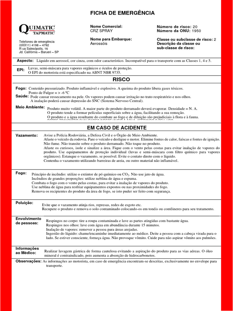 FDS_Spray Galvanização Ficha de Emergencia | Download grátis PDF ...