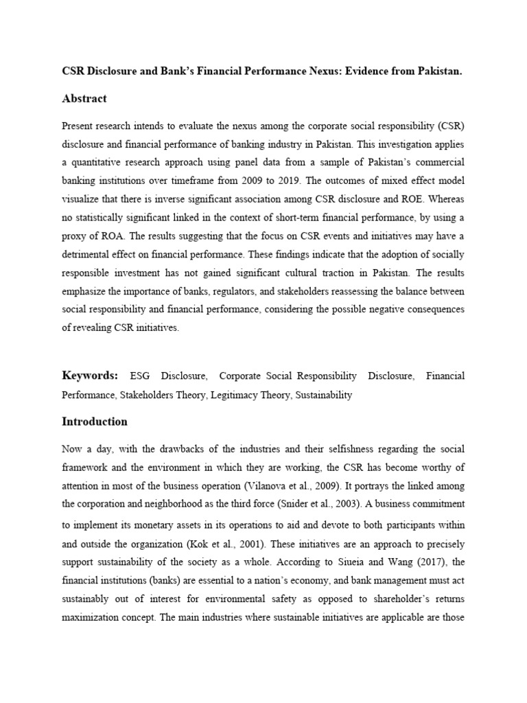 CSR Disclosure and Bank's Financial Performance Nexus: Evidence From Pakistan | PDF | Corporate ...