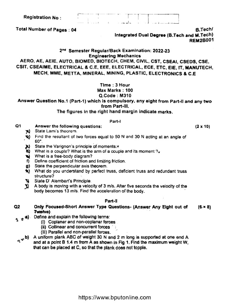 Btech 2 Sem Engineering Mechanics Rem2b001 2023 | PDF