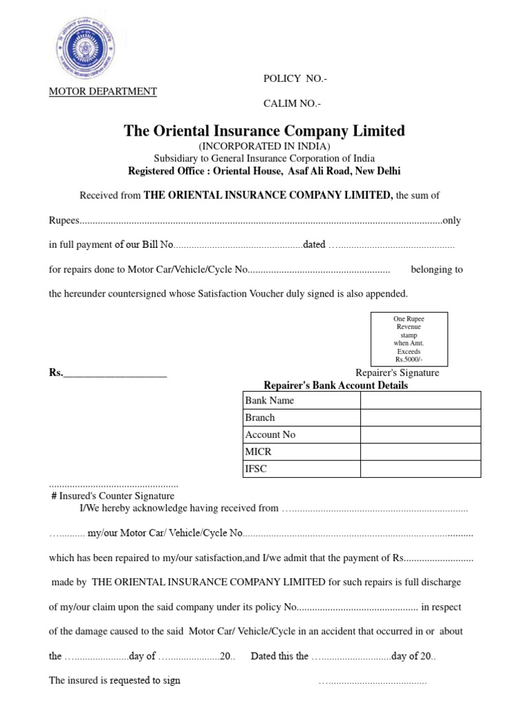 Oriental Insurance Satisfaction Voucher | PDF | Insurance | Financial ...