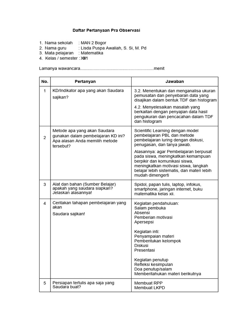 Daftar Pertanyaan Pra Observasi - Supervisi | PDF | Karier & Perkembangan