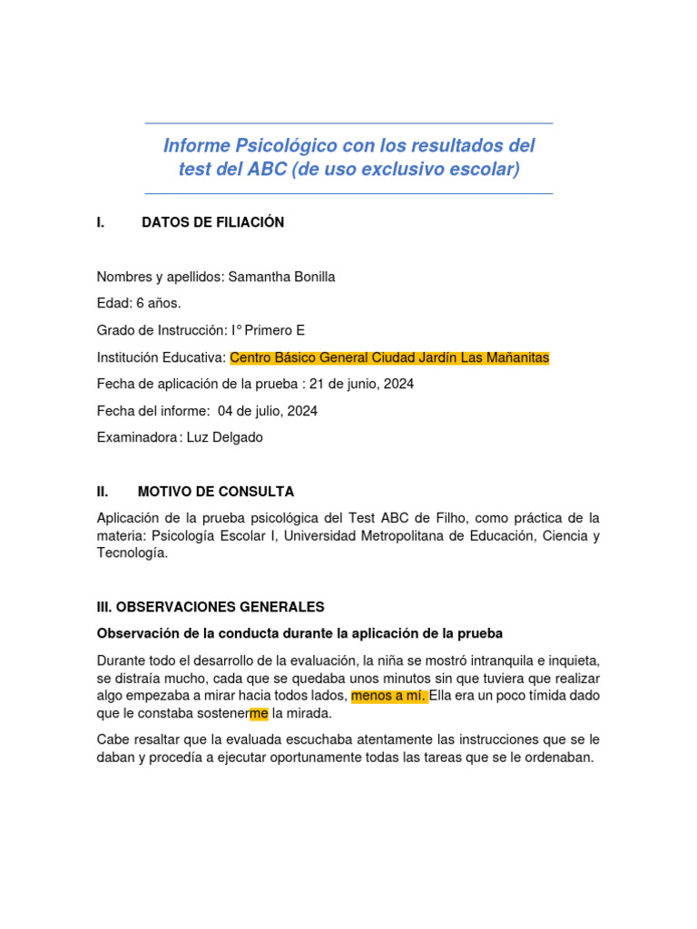 Informe Psicológico Test ABC Niños | PDF | Memoria | Sicología