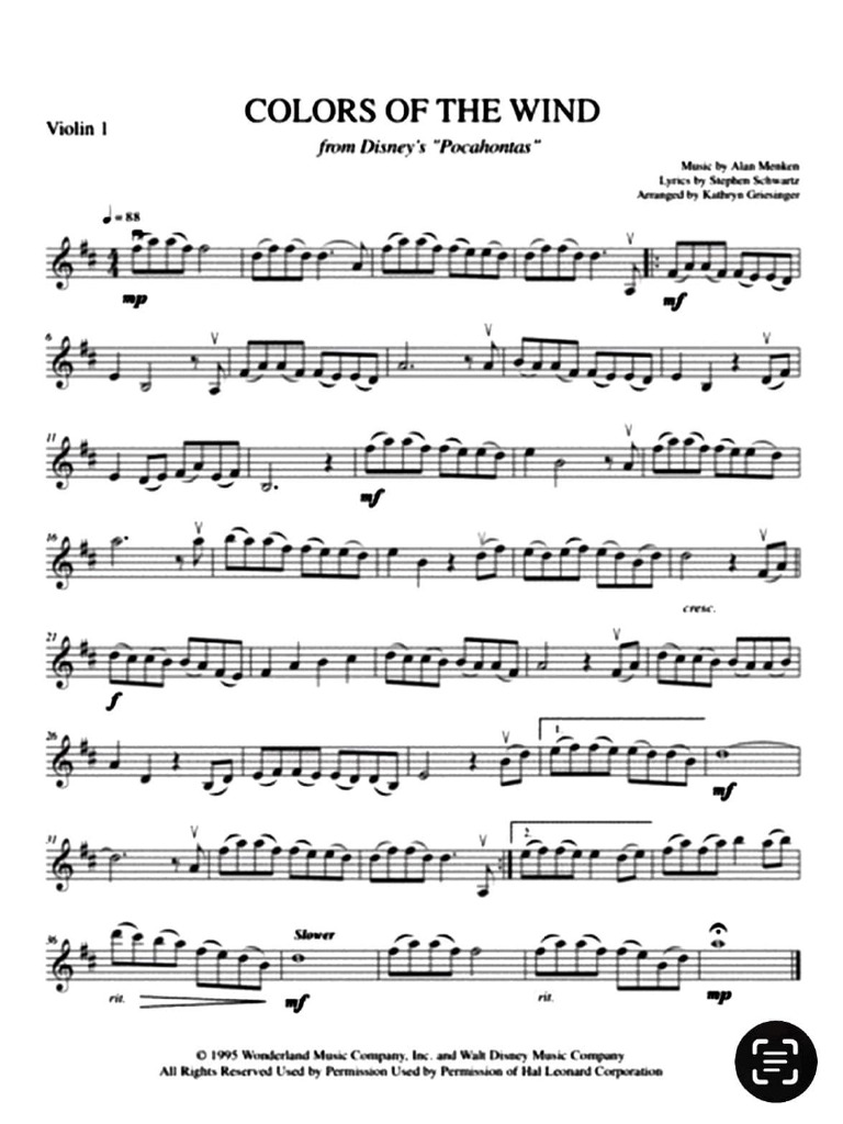 Colors of The Wind D Maj - Violin 1 | PDF