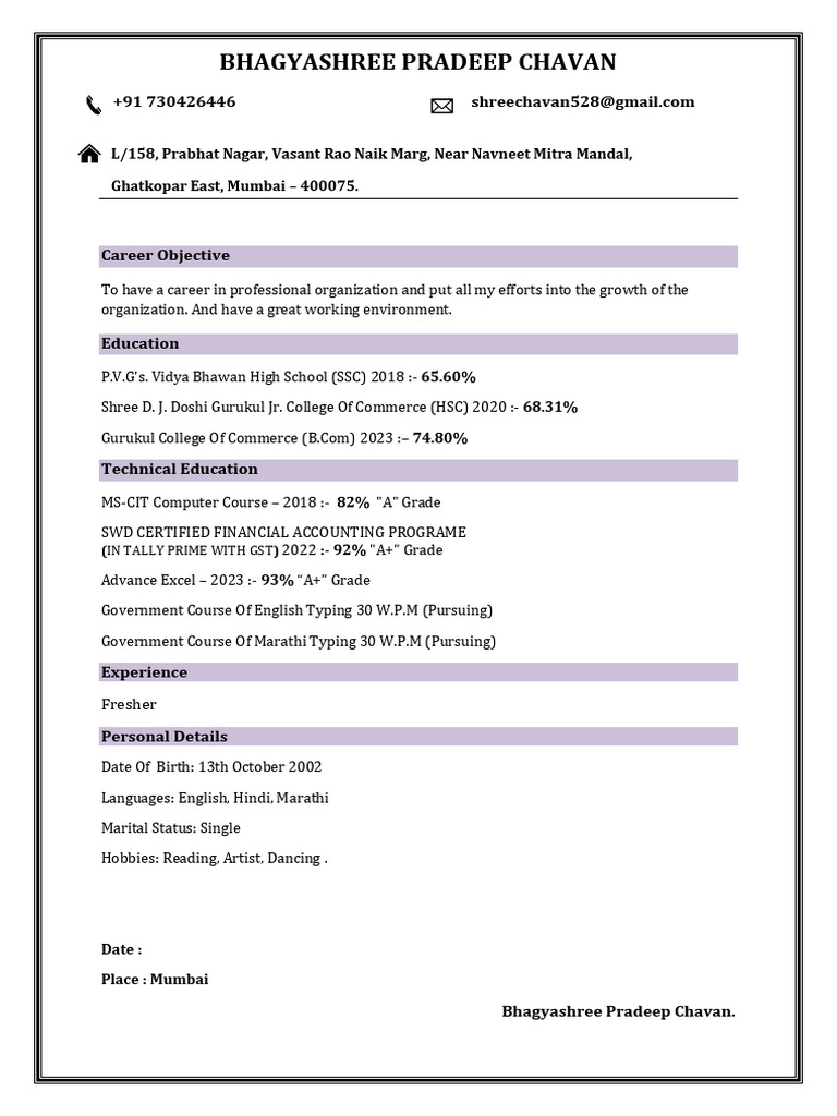 Bhagyashree Chavan Resume - Dox-1 | PDF