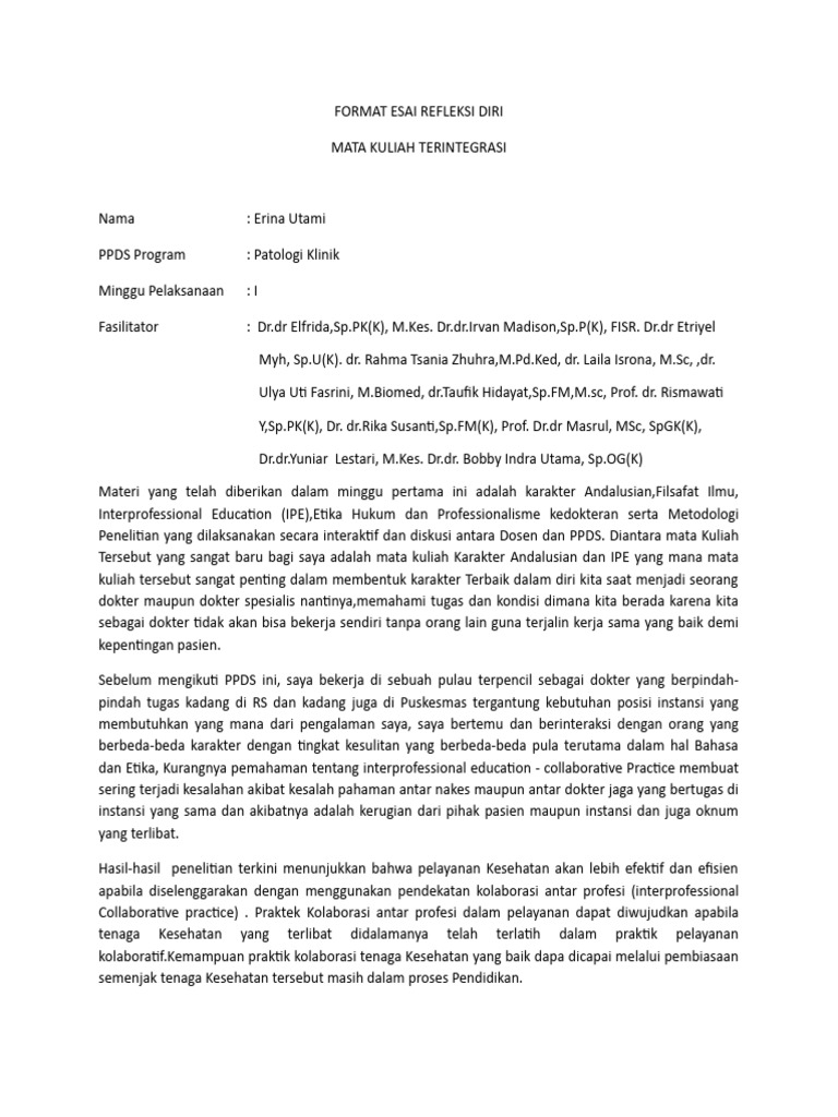 FORMAT ESAI REFLEKSI DIRI MINGGUAN - Erina Utami - PATKLIN | PDF
