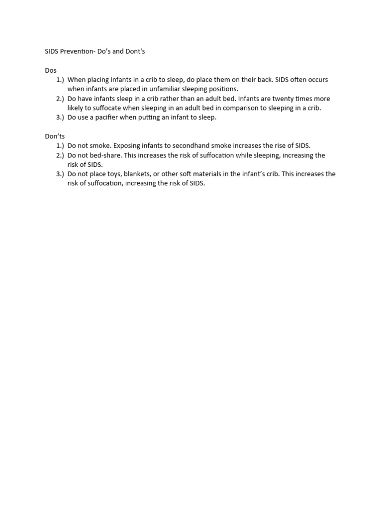 SIDS Prevention: Essential Do's and Don'ts | PDF | Wellness
