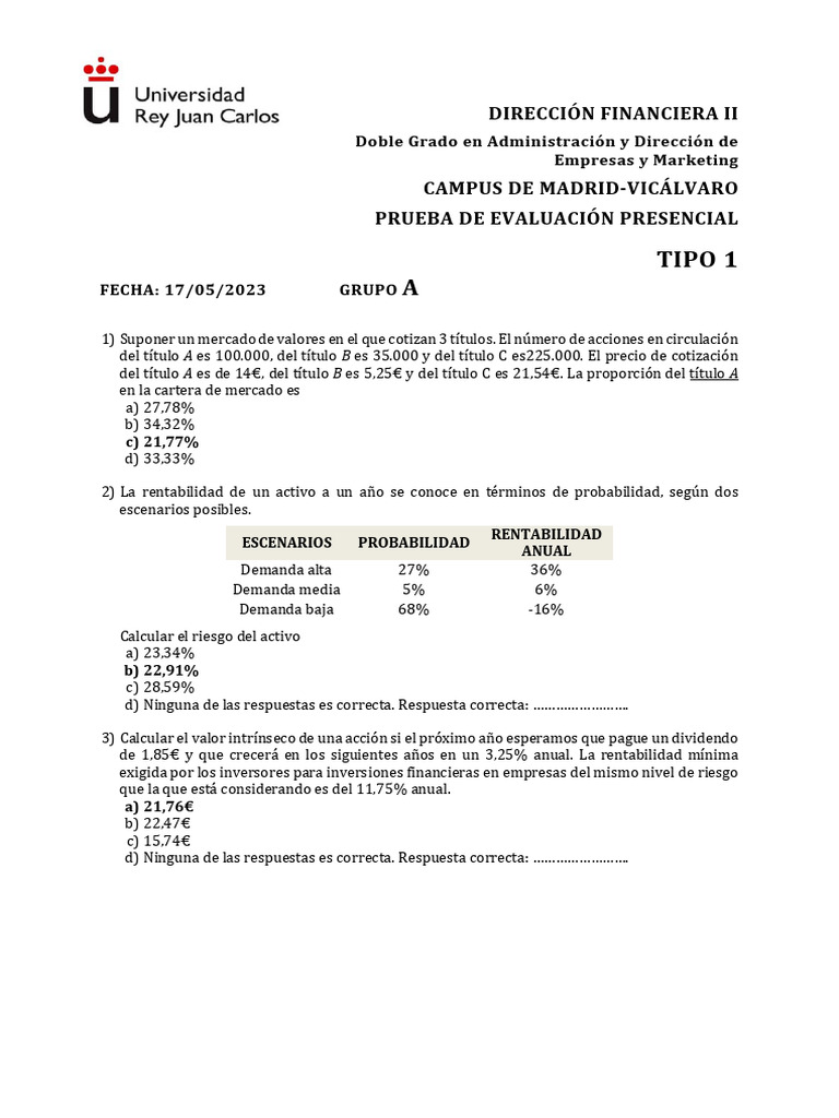 EXAMEN DIRECCION FINANCIERA LIDIA Y PILAR 2022-23 - CO - ADE+MRK - T1 - Solución | PDF | Dinero ...