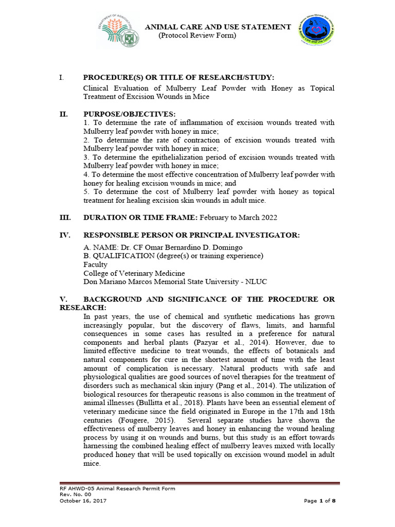 Animal Care and Use Protocol Form | PDF | Surgery | Wound
