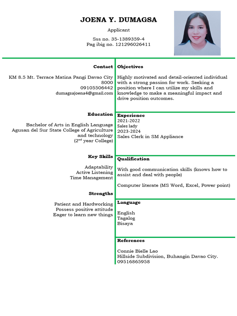 Sales Lady Resume of Joena Dumagsa | PDF